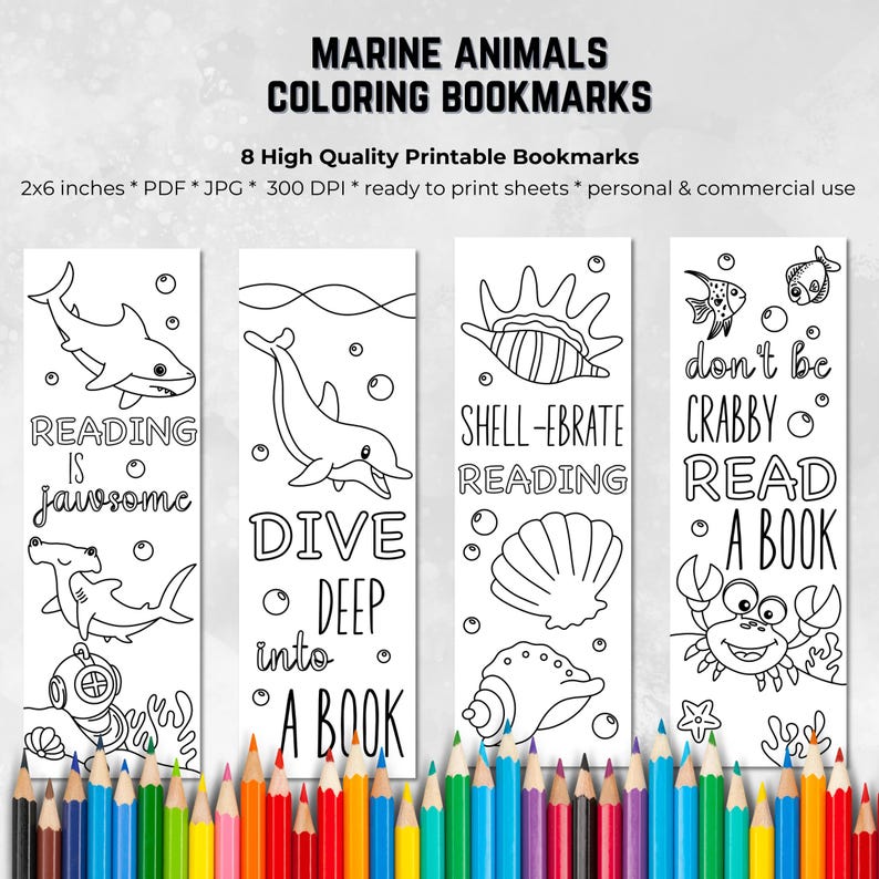 Printable Sea Marine Animals Coloring Bookmarks for Adults and Kids ...