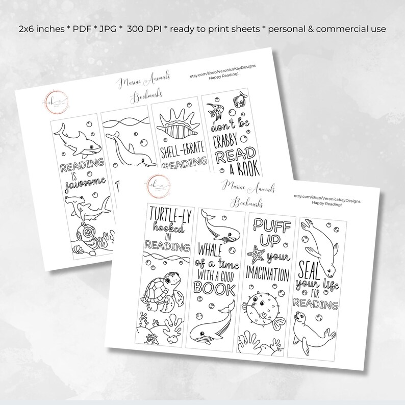 Printable Sea Marine Animals Coloring Bookmarks for Adults and Kids ...