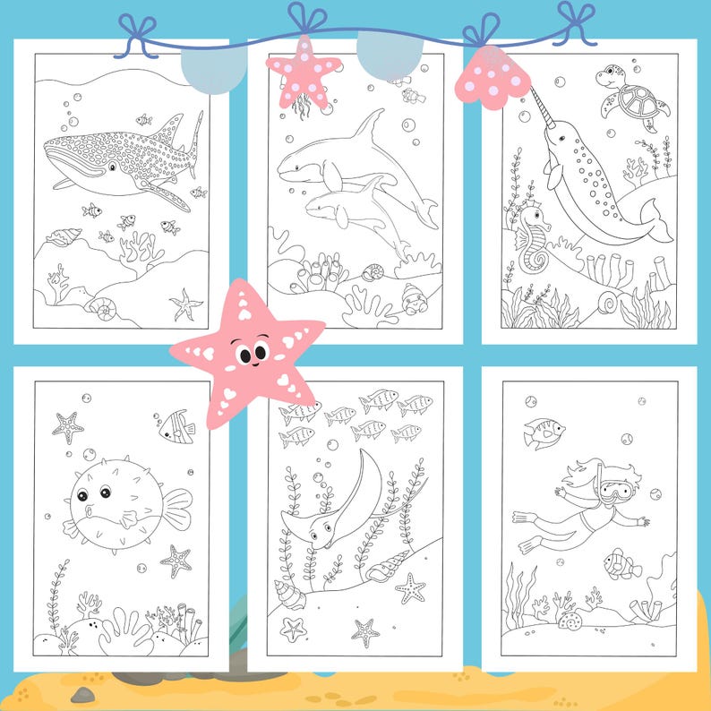 Sea Animal Coloring Book Pages for Kids - Ocean Creature Coloring Book ...