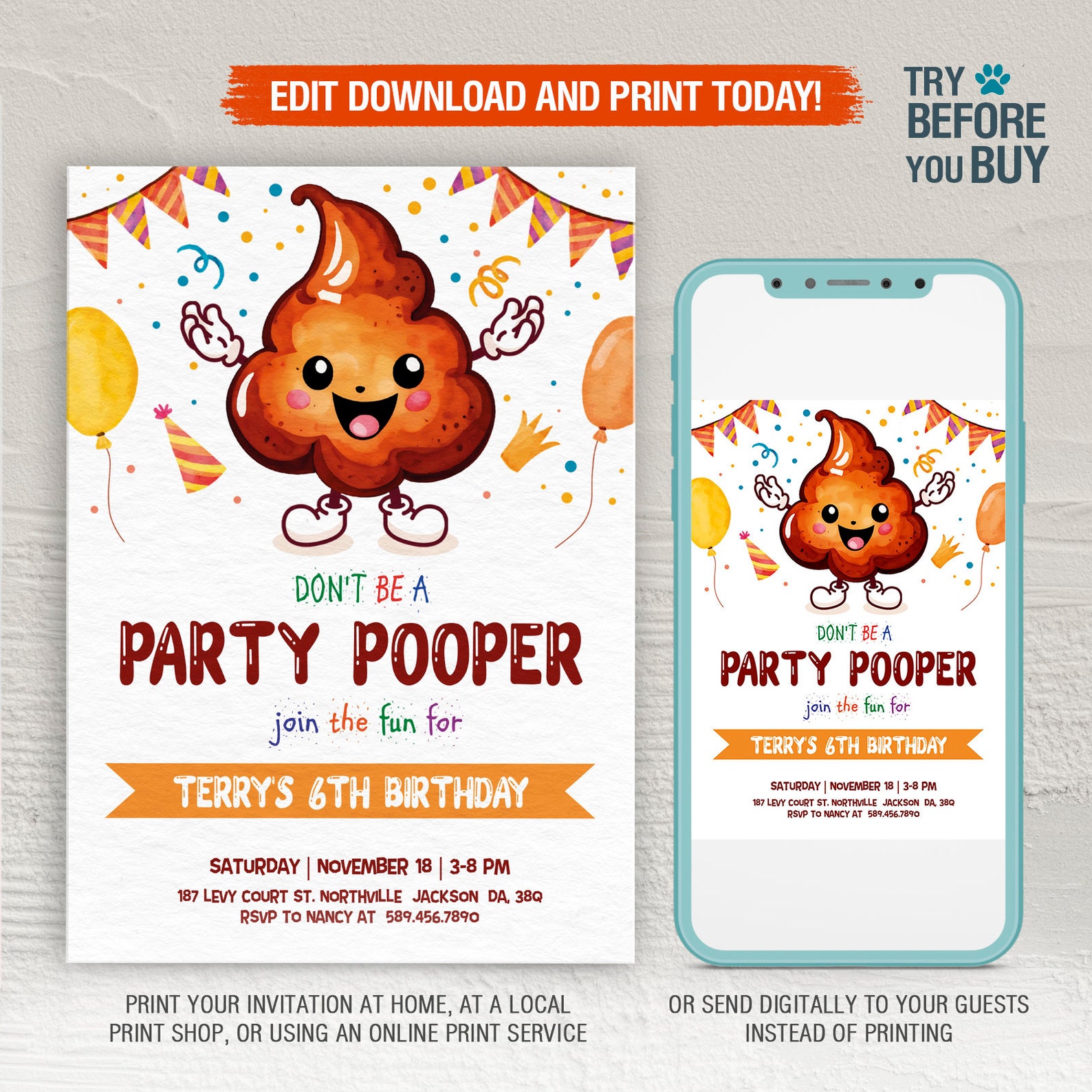 Poop Emoji Birthday Party Invitation, Party Pooper Invitation, Don't Be ...