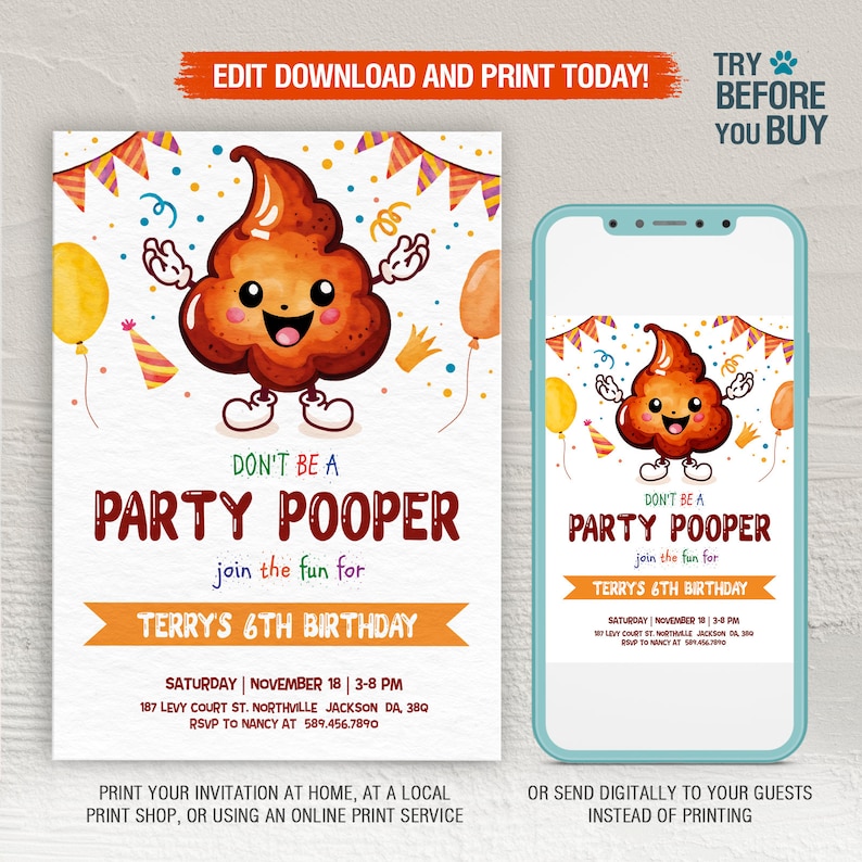 Poop Emoji Birthday Party Invitation, Party Pooper Invitation, Don't Be ...