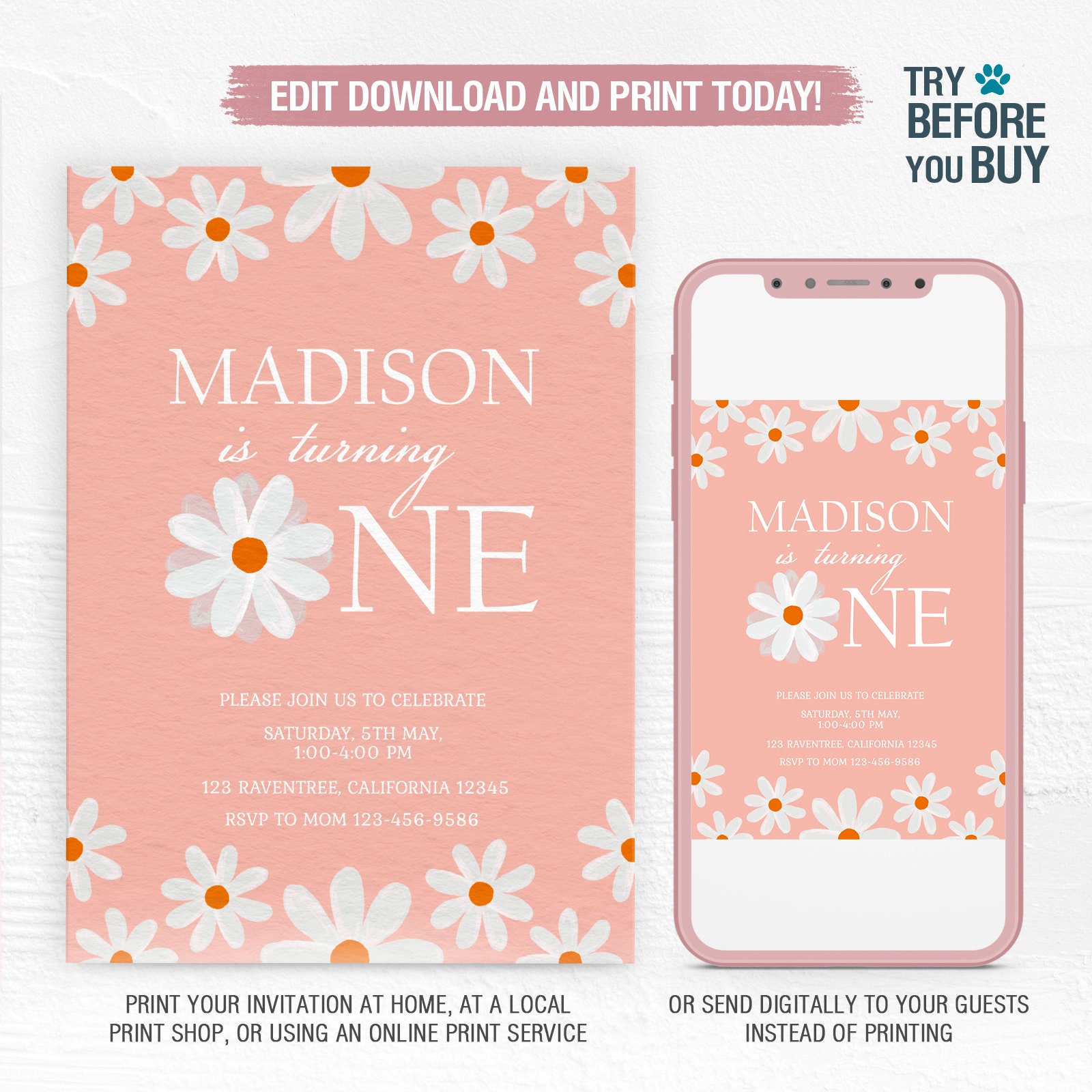 Daisy Birthday Invitation Editable, Daisy 1st Birthday Invite, Boho ...