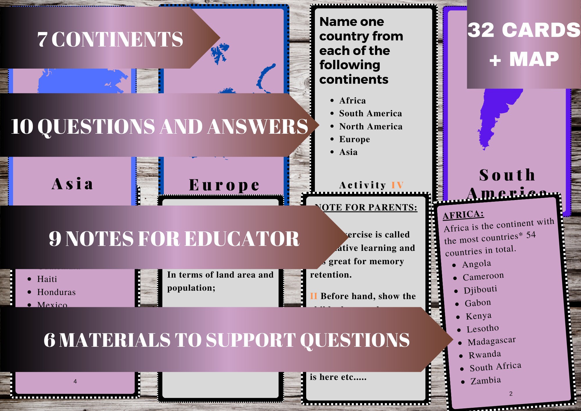 7 Continents Montessori Flashcards, 32-piece Flashcards With Questions ...