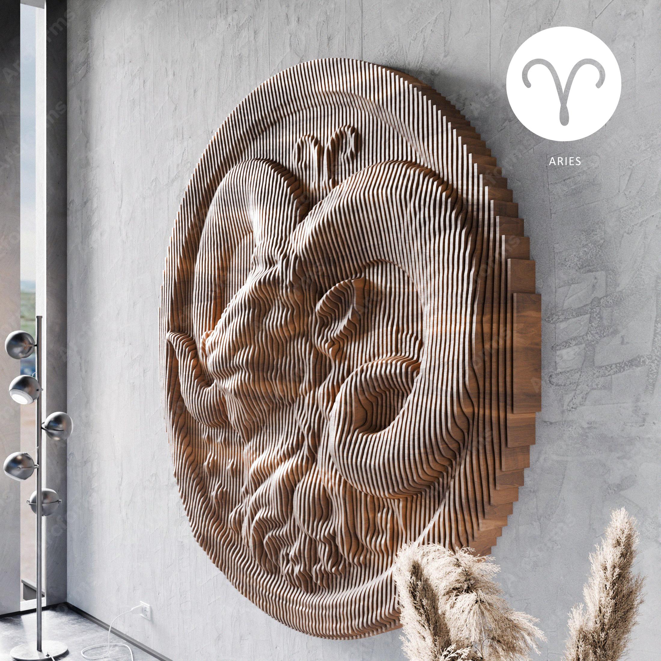 Zodiac Symbols Aries Parametric Wall Sculpture Decor Wavy Wooden Wall ...