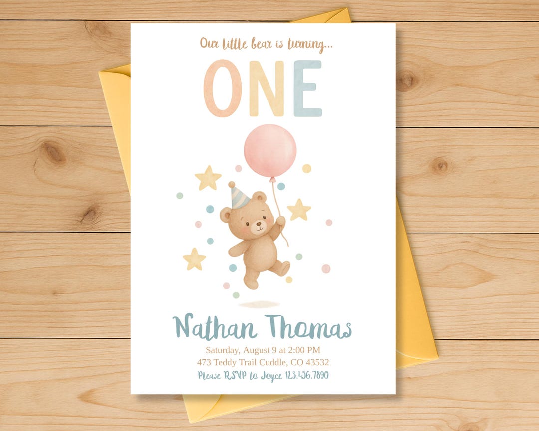 Little Bear First Birthday Invitation • Editable Woodland Party Invite ...