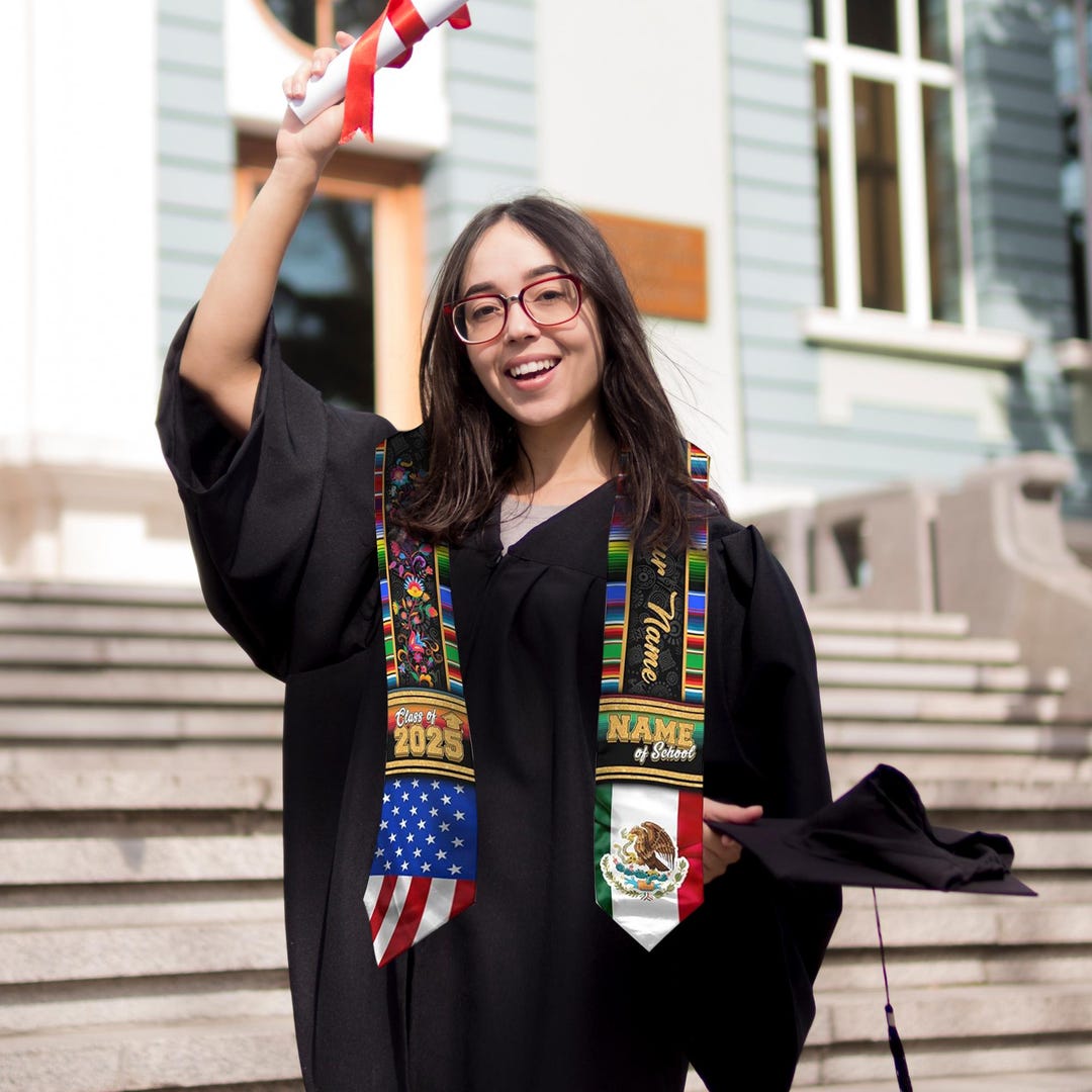 Custom Mexican American Flag Graduation Stole 2025, Personalized ...