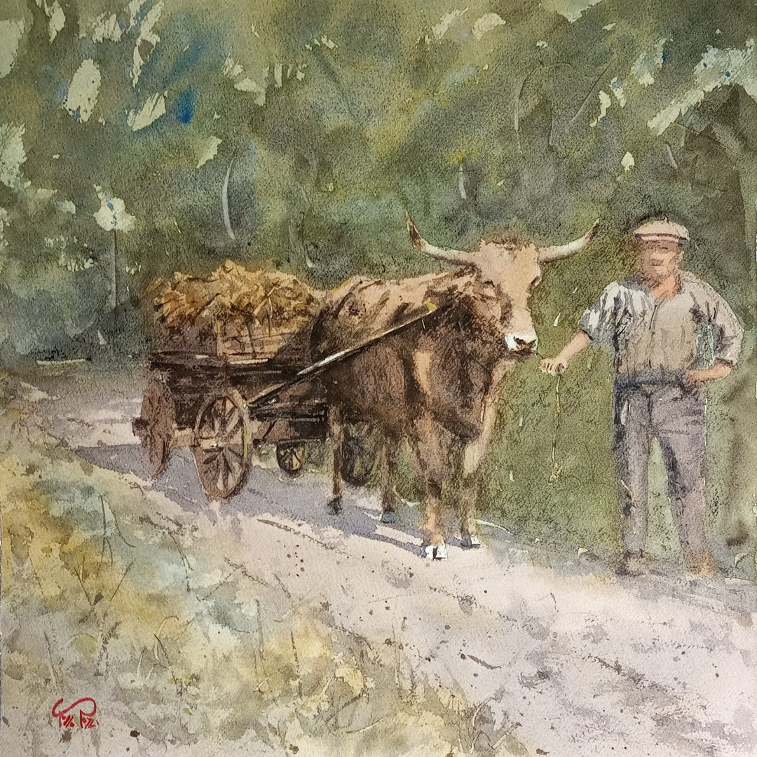 Original Watercolor Inspired by Vintage Photos Cart With Ox Artwork ...