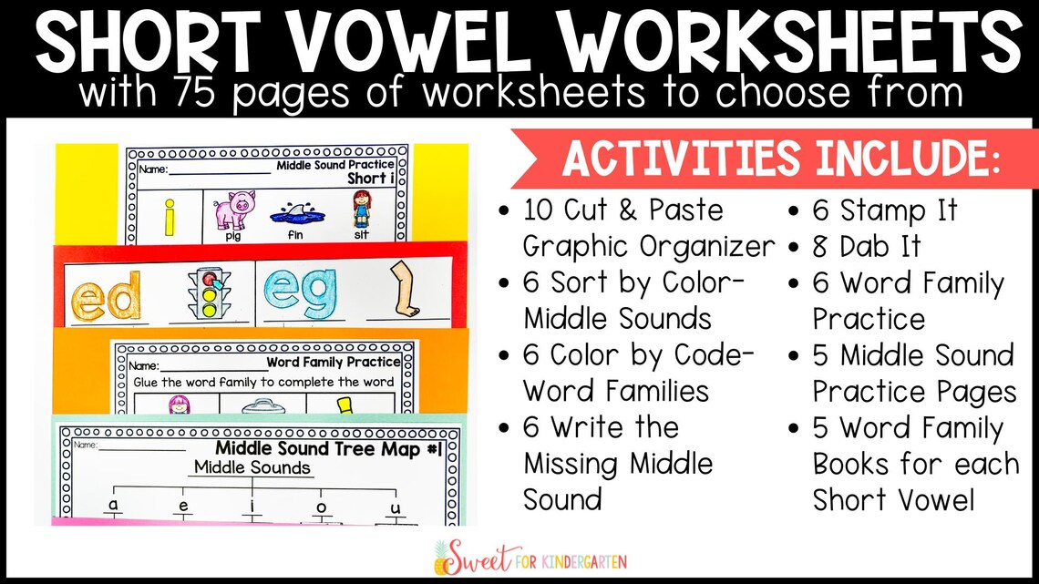 Short Vowel Worksheets for Kindergarten | No Prep Phonics Practice ...