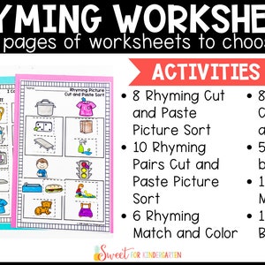 Rhyming Worksheets for Pre-k or Kindergarten | No Prep Phonics Rhyming ...