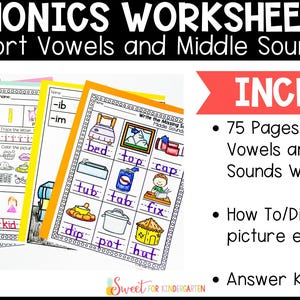 Short Vowel Worksheets for Kindergarten | No Prep Phonics Practice ...
