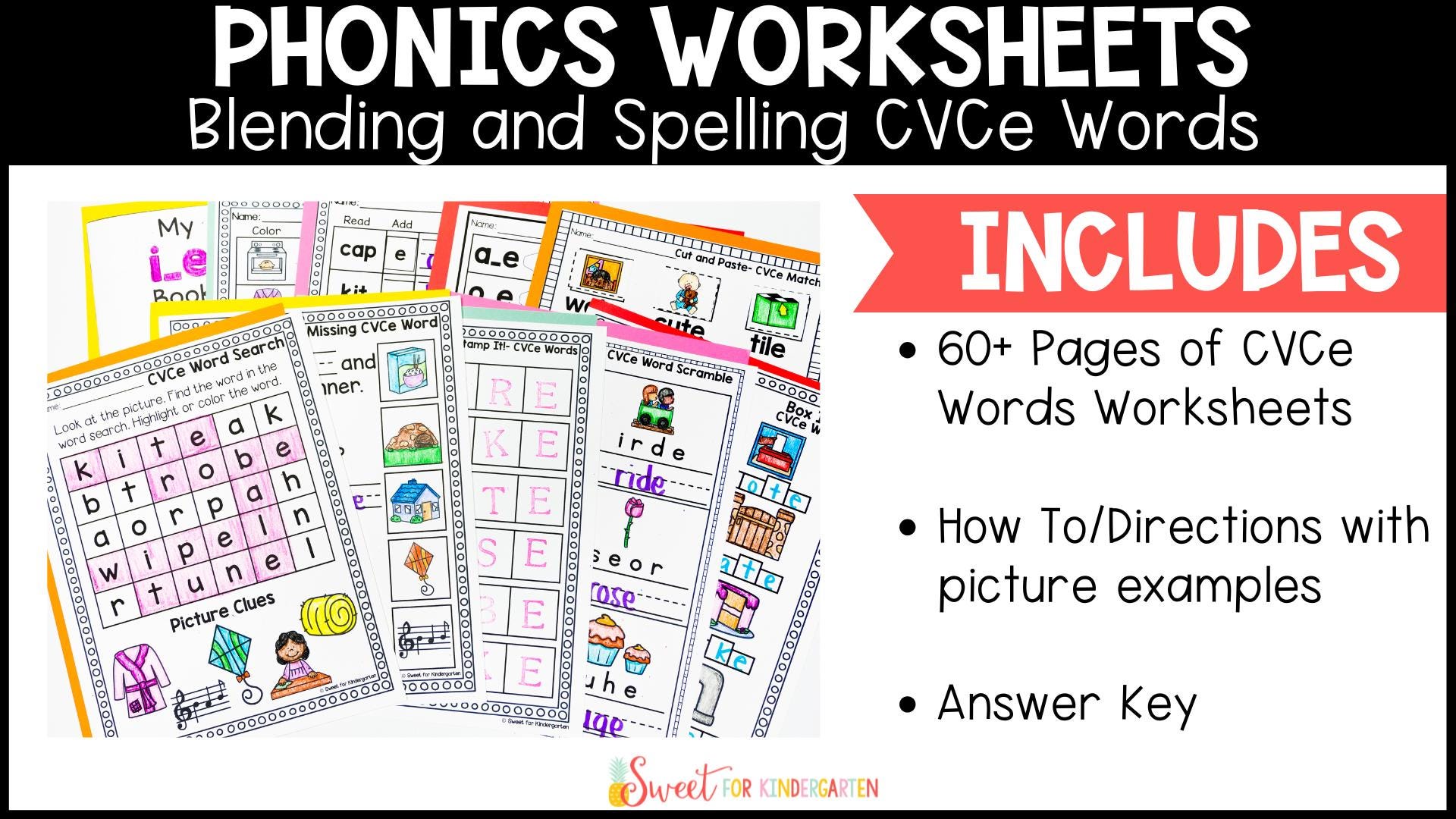 Cvce Words Phonics Worksheets: Long Vowel Silent E Activities (PDF ...