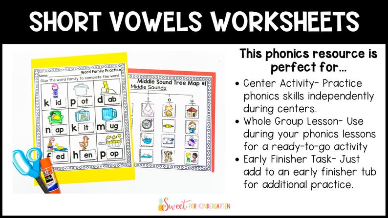 Short Vowel Worksheets for Kindergarten | No Prep Phonics Practice ...