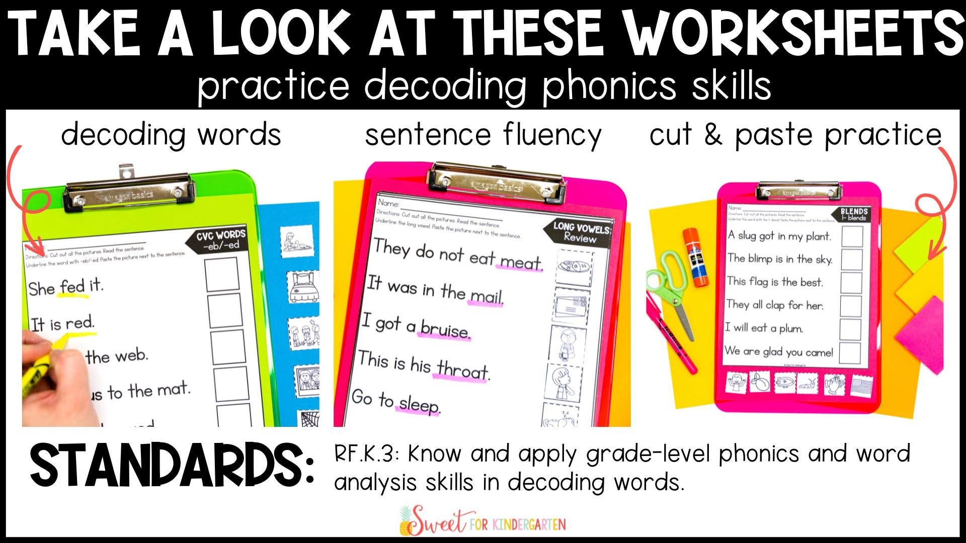 Phonics Decodable Cut and Paste Worksheets: CVC Words, Blends, Long ...