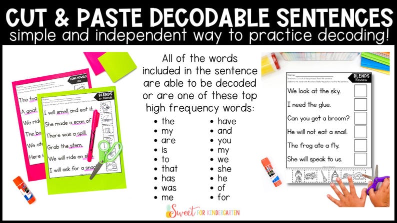 Phonics Decodable Cut and Paste Worksheets: CVC Words, Blends, Long ...