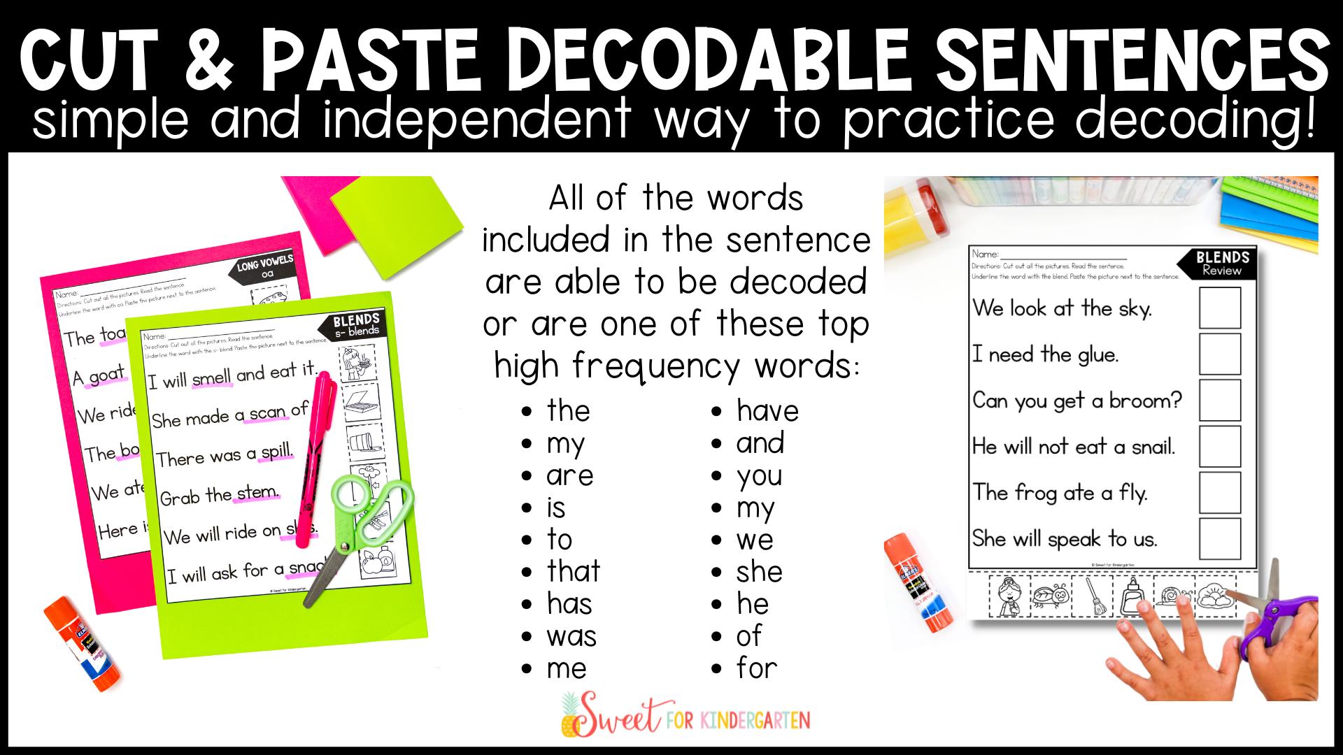 Phonics Decodable Cut and Paste Worksheets: CVC Words, Blends, Long ...