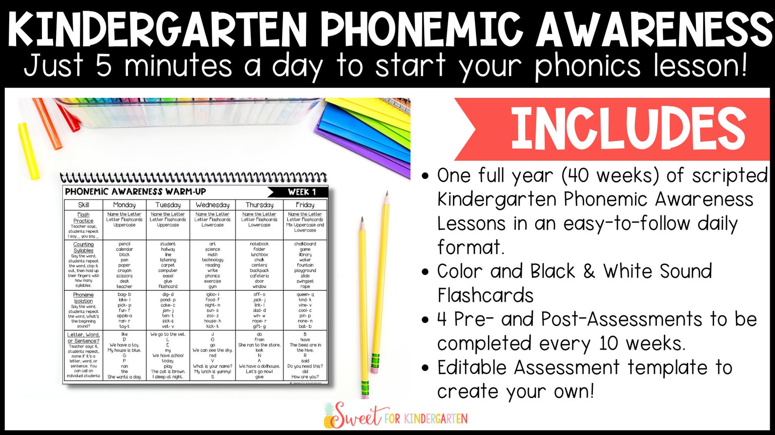 Kindergarten Phonemic Awareness Daily Lessons: Literacy Activities - Etsy