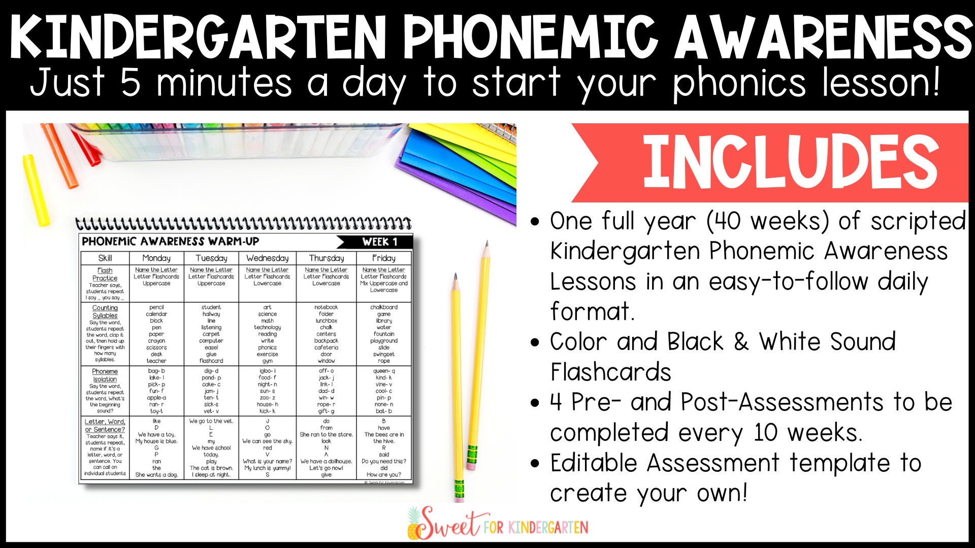 Kindergarten Phonemic Awareness Daily Lessons: Literacy Activities - Etsy