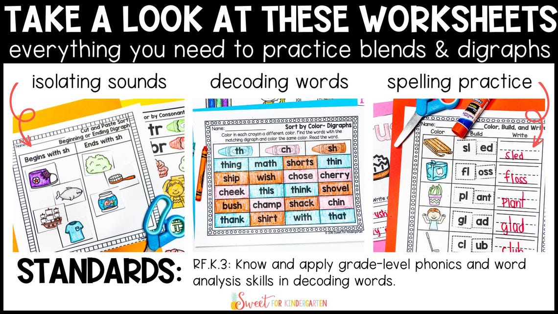 Phonics Worksheets: Consonant Blends & Digraphs - Kindergarten 1st ...
