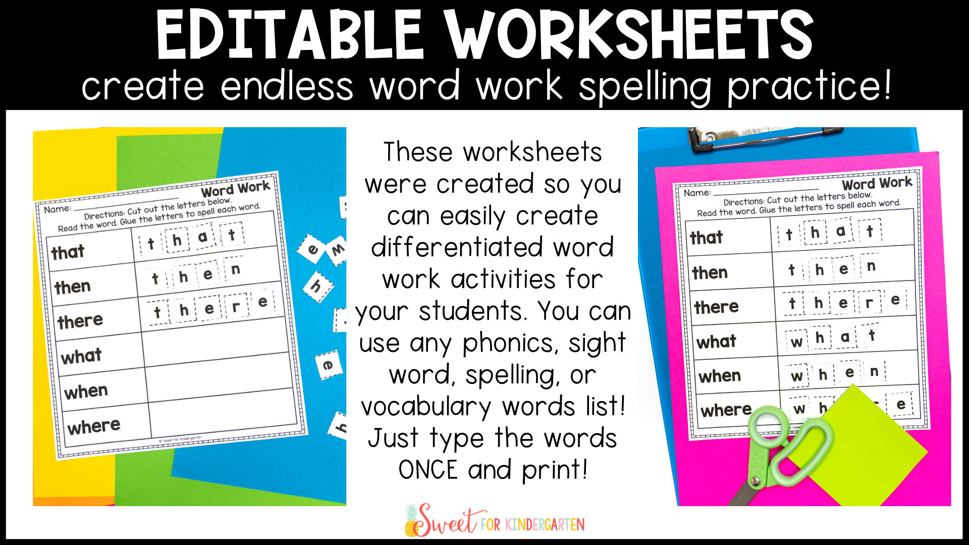 Editable Sight Word Worksheets: Cut & Paste Phonics Spelling Word Work ...