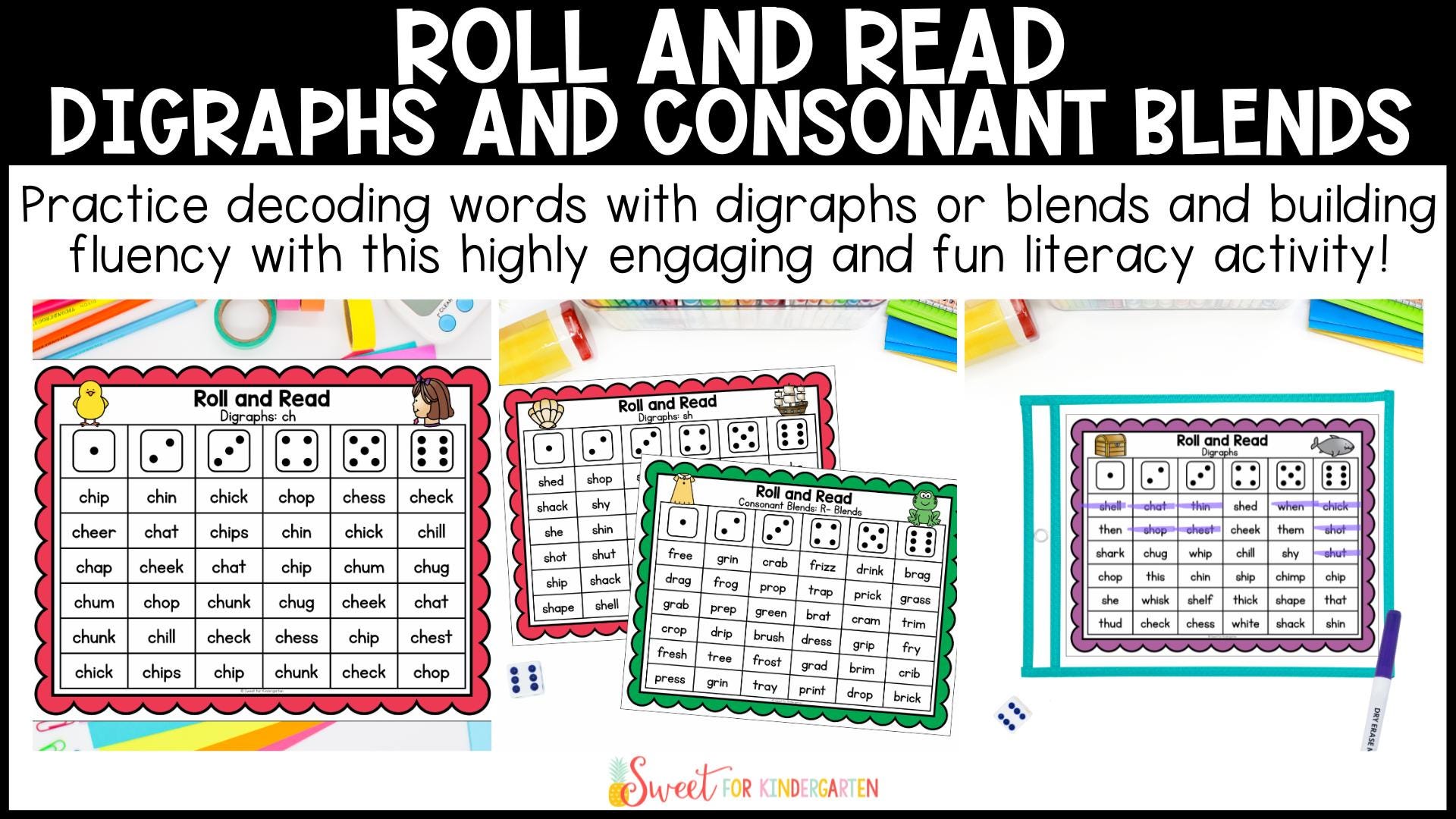 Roll and Read Phonics Game: Digraphs & Consonant Blends Activity ...
