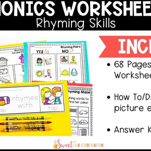 Rhyming Worksheets for Pre-k or Kindergarten | No Prep Phonics Rhyming ...