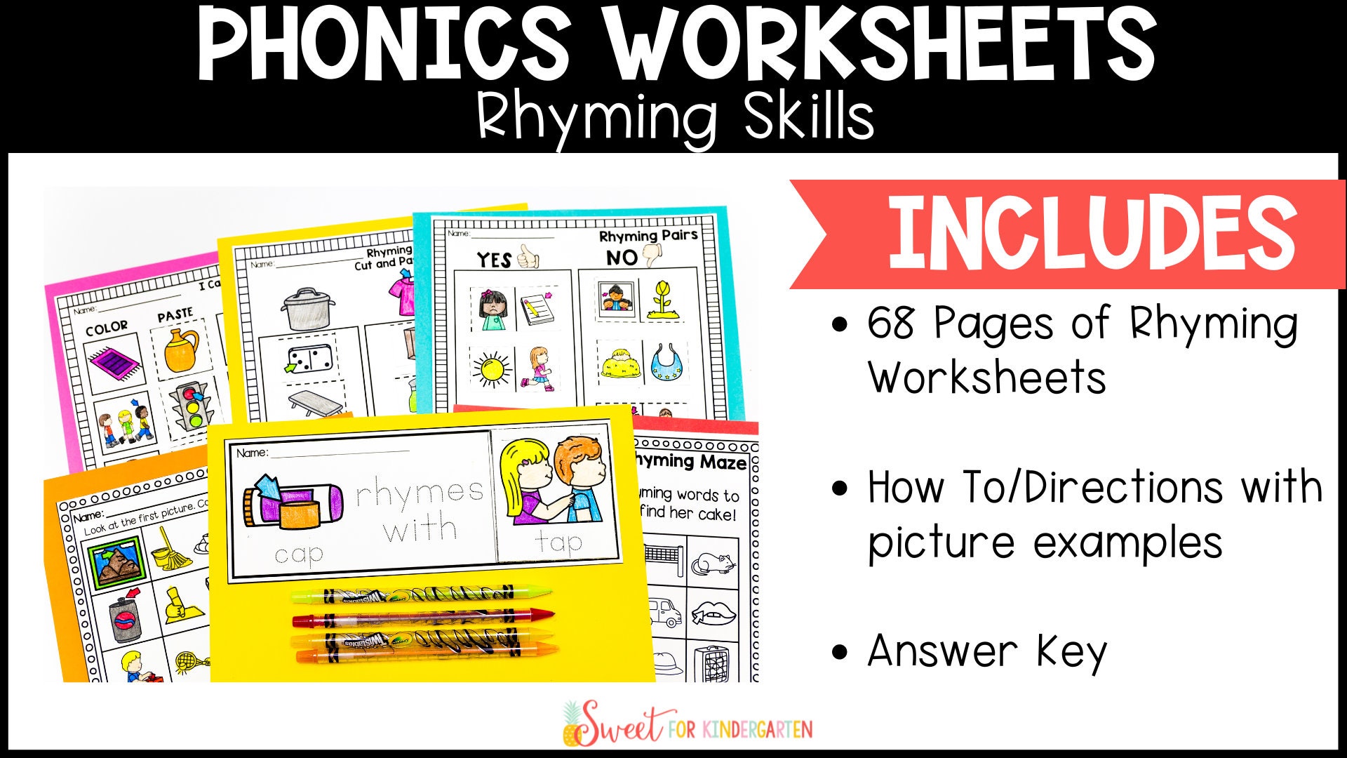 Rhyming Worksheets for Pre-k or Kindergarten | No Prep Phonics Rhyming ...
