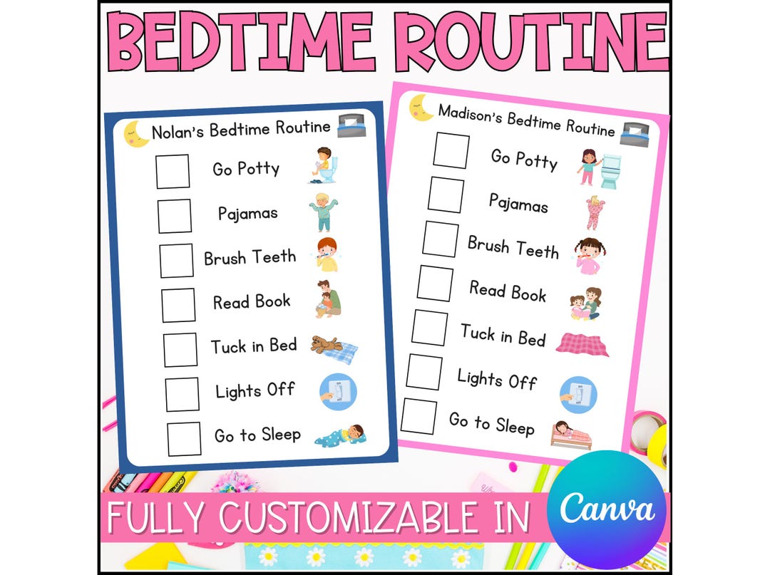 Printable Toddler Bedtime Routine Chart: Editable Canva Template ...