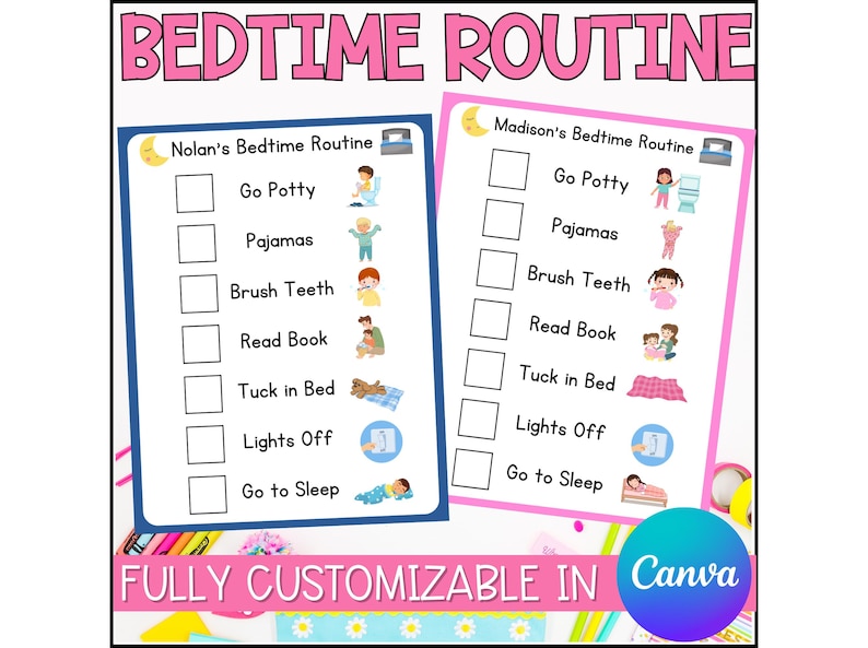 Printable Toddler Bedtime Routine Chart: Editable Canva Template ...