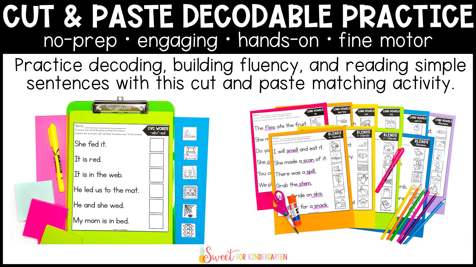 Phonics Decodable Cut and Paste Worksheets: CVC Words, Blends, Long ...