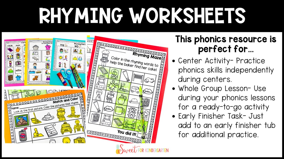 Rhyming Worksheets for Pre-k or Kindergarten | No Prep Phonics Rhyming ...