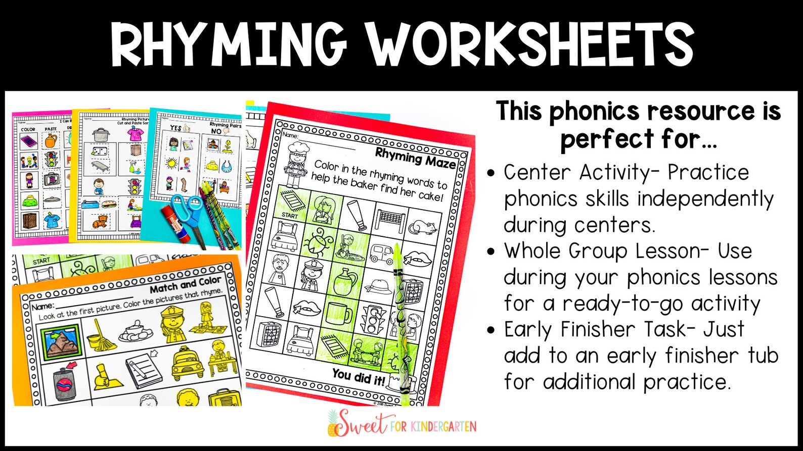 Rhyming Worksheets for Pre-k or Kindergarten | No Prep Phonics Rhyming ...