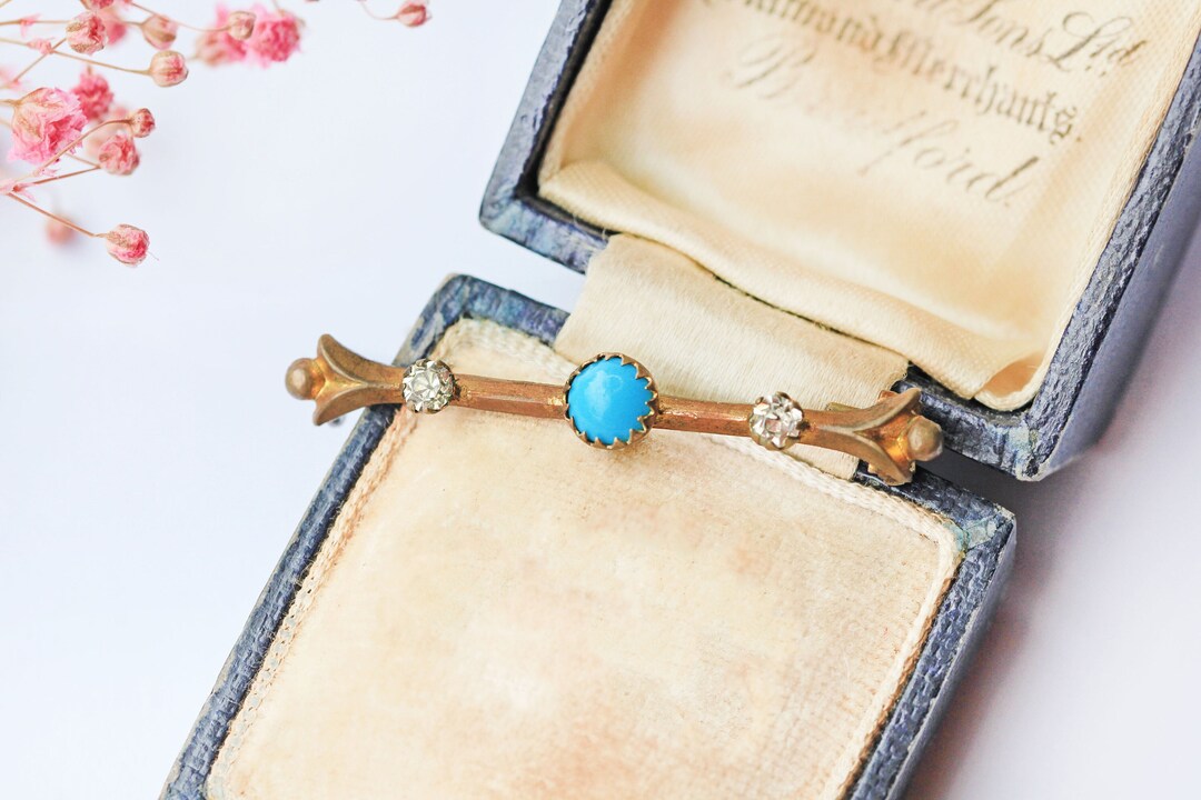 Antique Edwardian Turquoise & Glass Paste Gem 15ct Rolled Gold Brooch ...