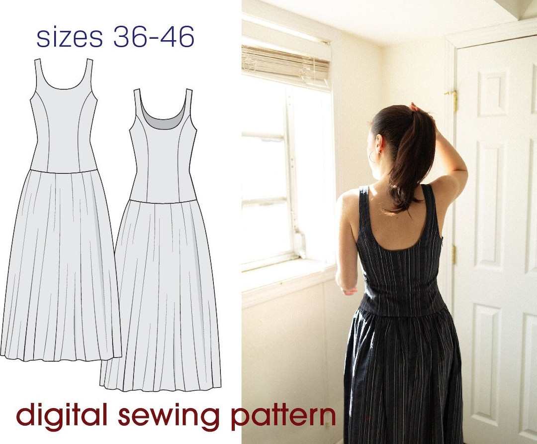 Dropped Waist Summer Dress Sewing Pattern: Open Back (PDF Digital ...
