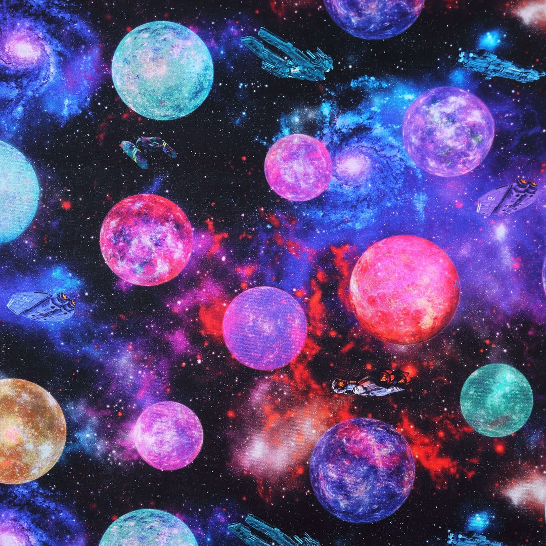 100% Cotton Fabric in the Beginning Fabrics Sci Fi Spaceship, Galaxy ...