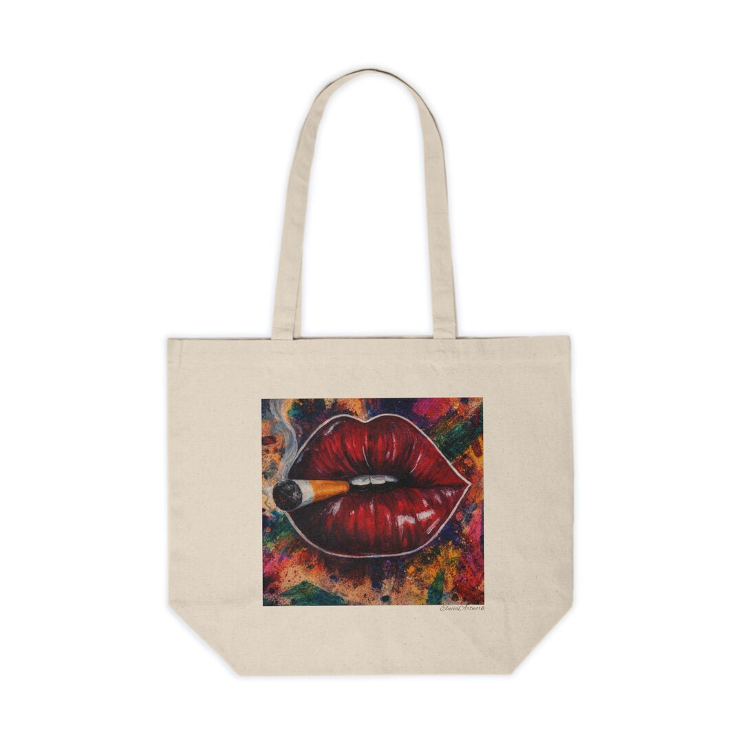 Red Lip Art With Cigarette Canvas Tote | Colorful Pop Art Lips Tote - Etsy