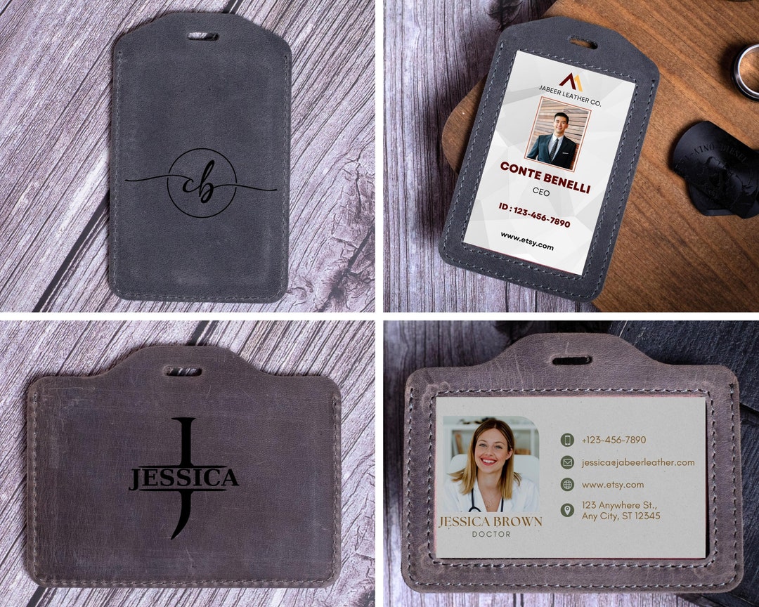 Personalized Engraved Leather ID Card Holder Handmade Leather Badge ...