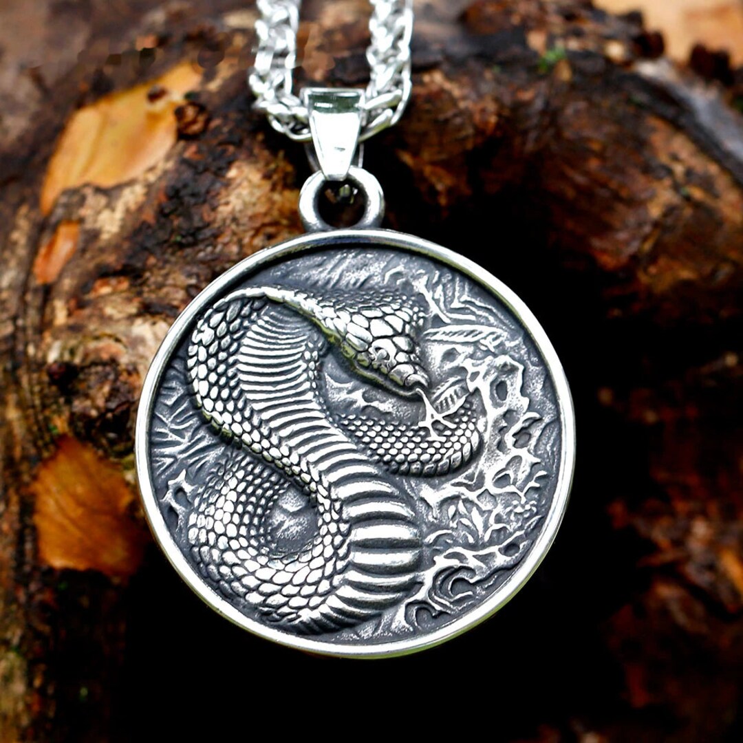 Goth Cobra Snake Pendant, Engraved Cobra Emblem Amulet, Stainless Steel ...