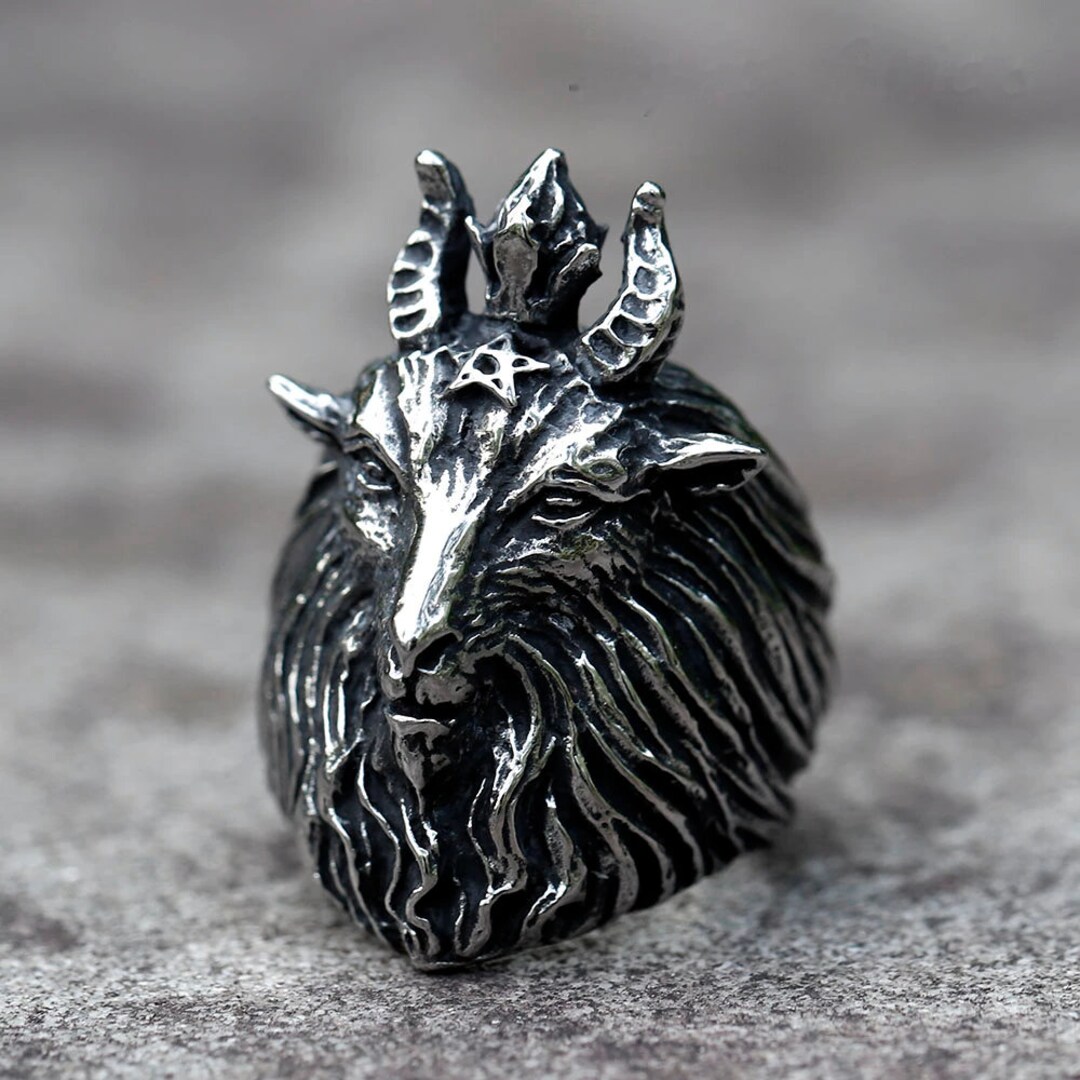 Fallen Angel Satan Demon Sheep Head Pentagram Coat of Arms Ring Jewelry ...