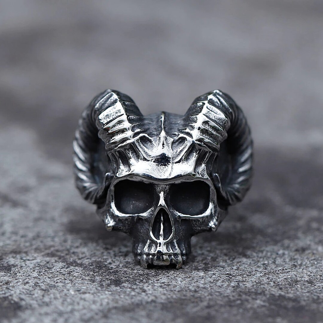 Gothic Punk Horned Devil Ring With Ancient Runes Perfect Gift for Teens ...