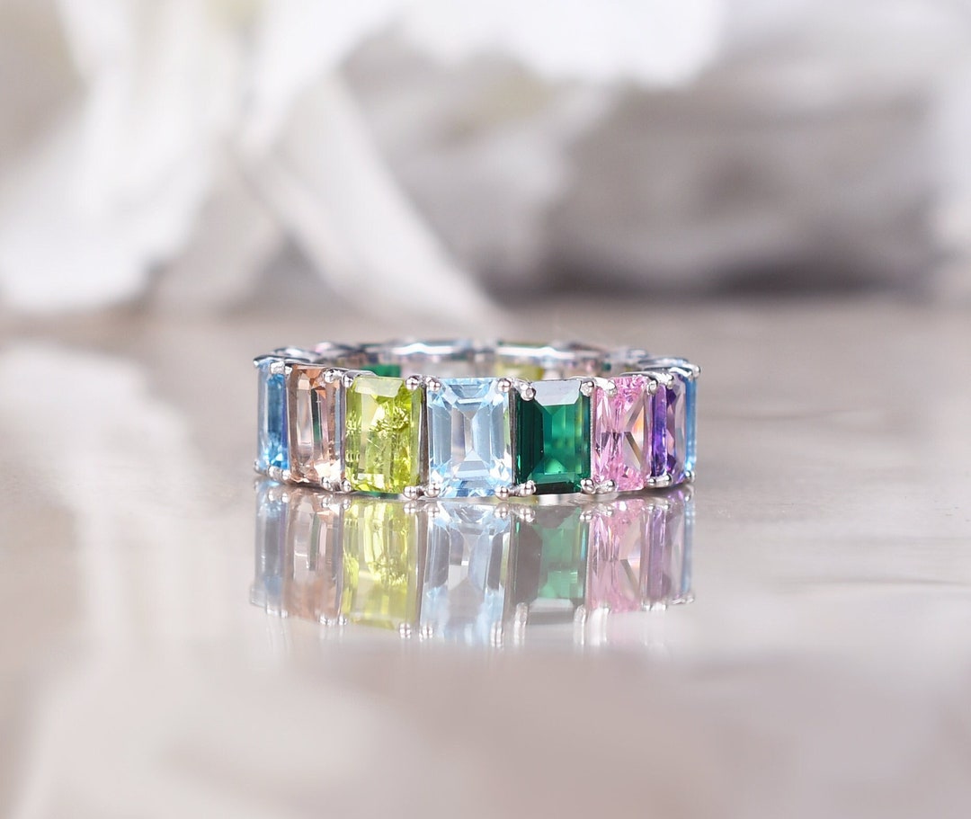 Multi Color Gemstone Full Band, Octagon Shaped Multistone Ring ...