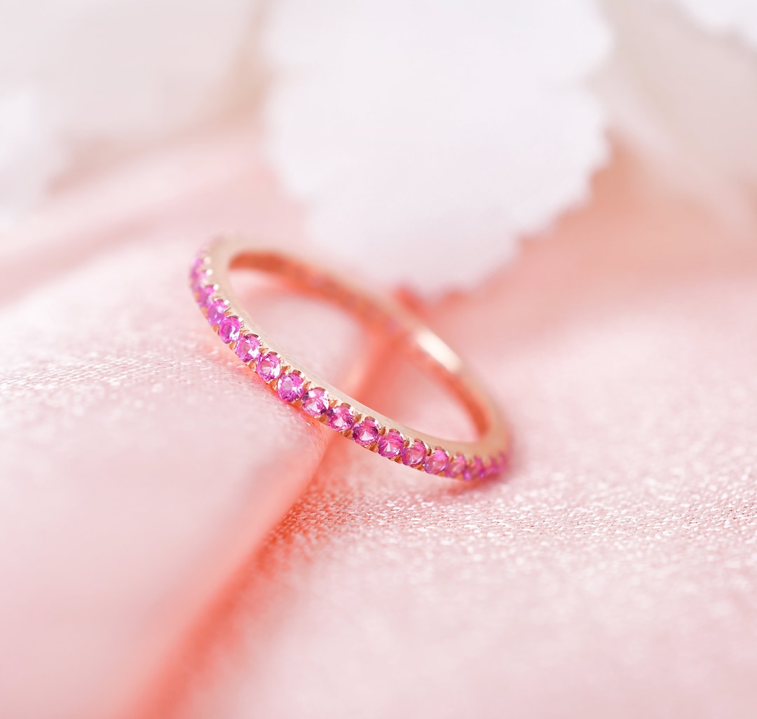 14K Pink Sapphire Full Eternity Band, Minimalist Wedding Ring - Etsy