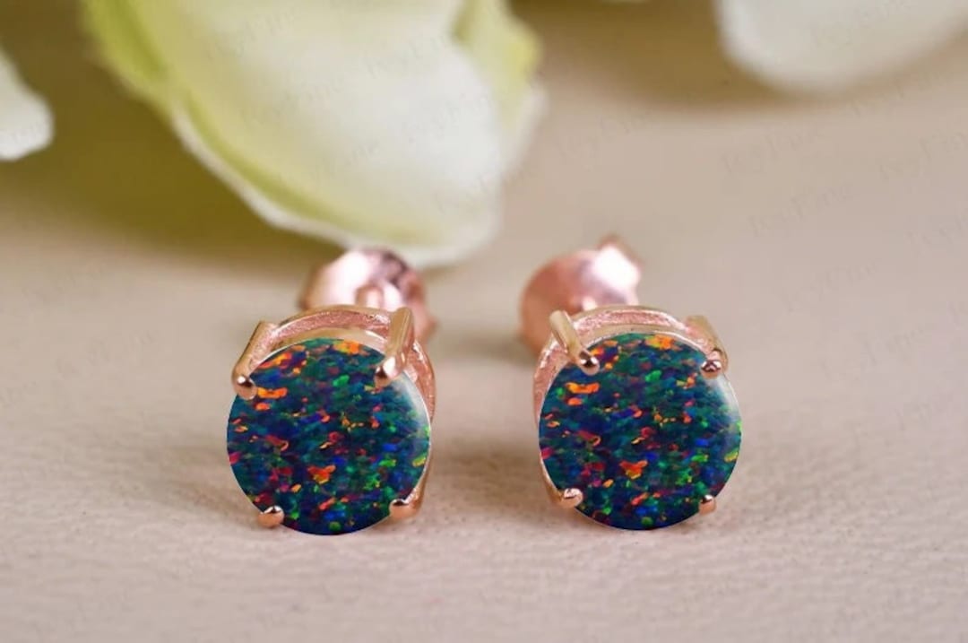 14K Gold Black Fire Opal Stud Earrings, Opal Jewelry, 925 Starling ...
