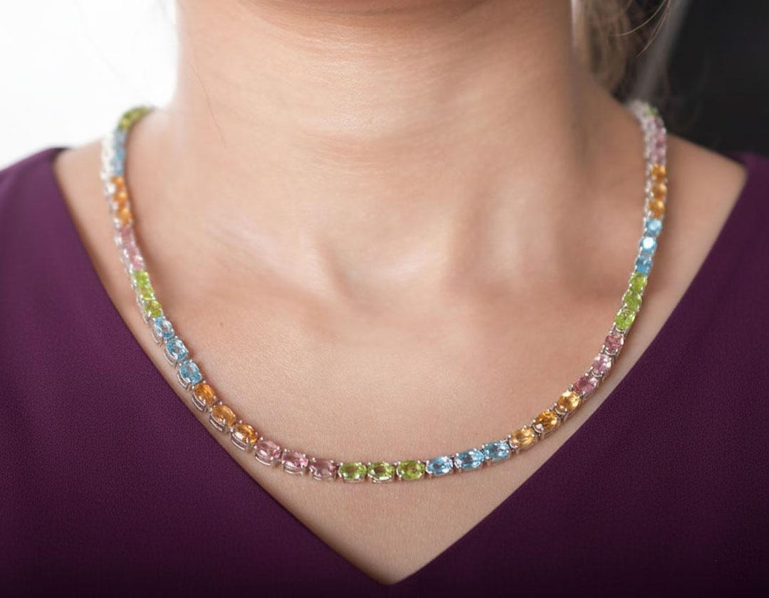 Oval Multi Gemstone Tennis Necklace, 925 Sterling Silver, Rainbow ...