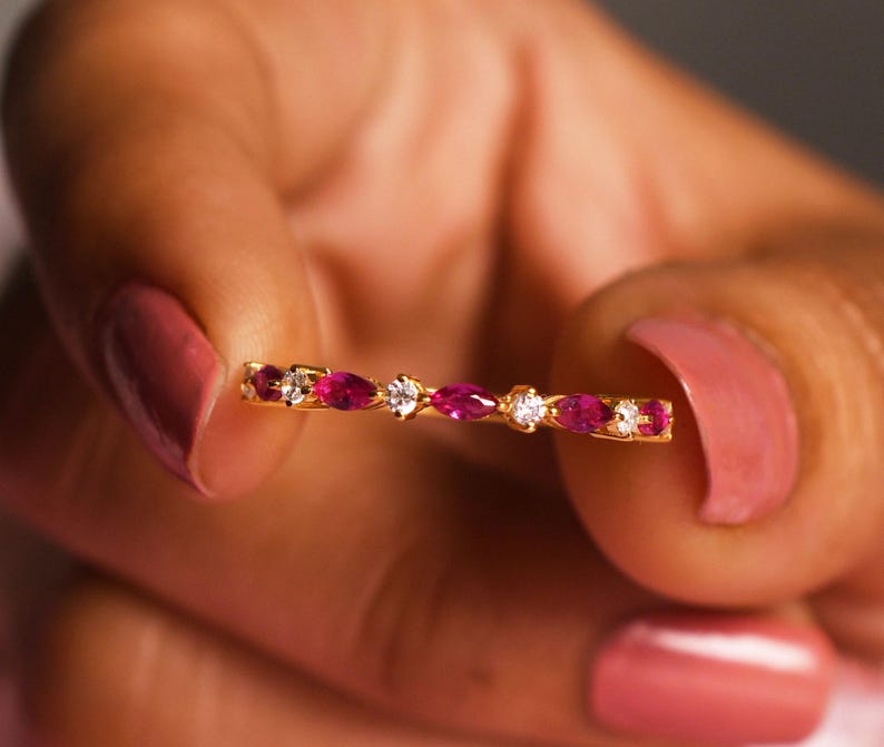 14k Gold Ruby Wedding Ring, Marquise Eternity Band, Moissanite Stacking ...