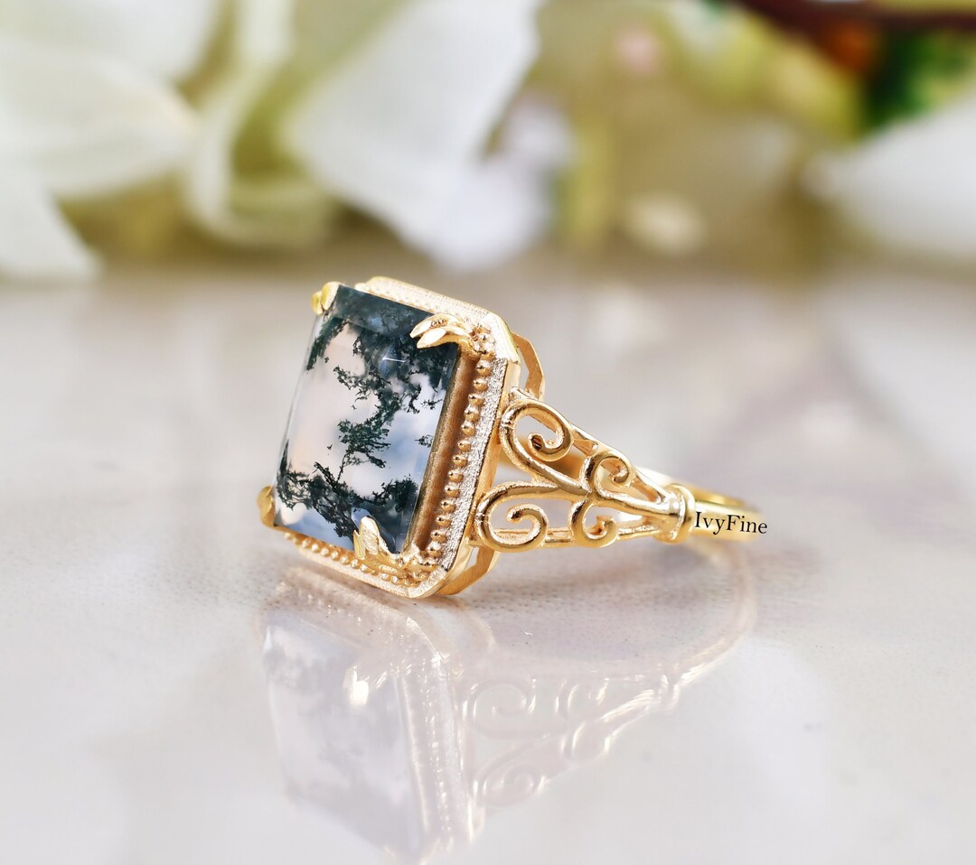 Moss Agate Bridal Ring, Engagement Ring, Wedding Gifts, Unique Agate ...