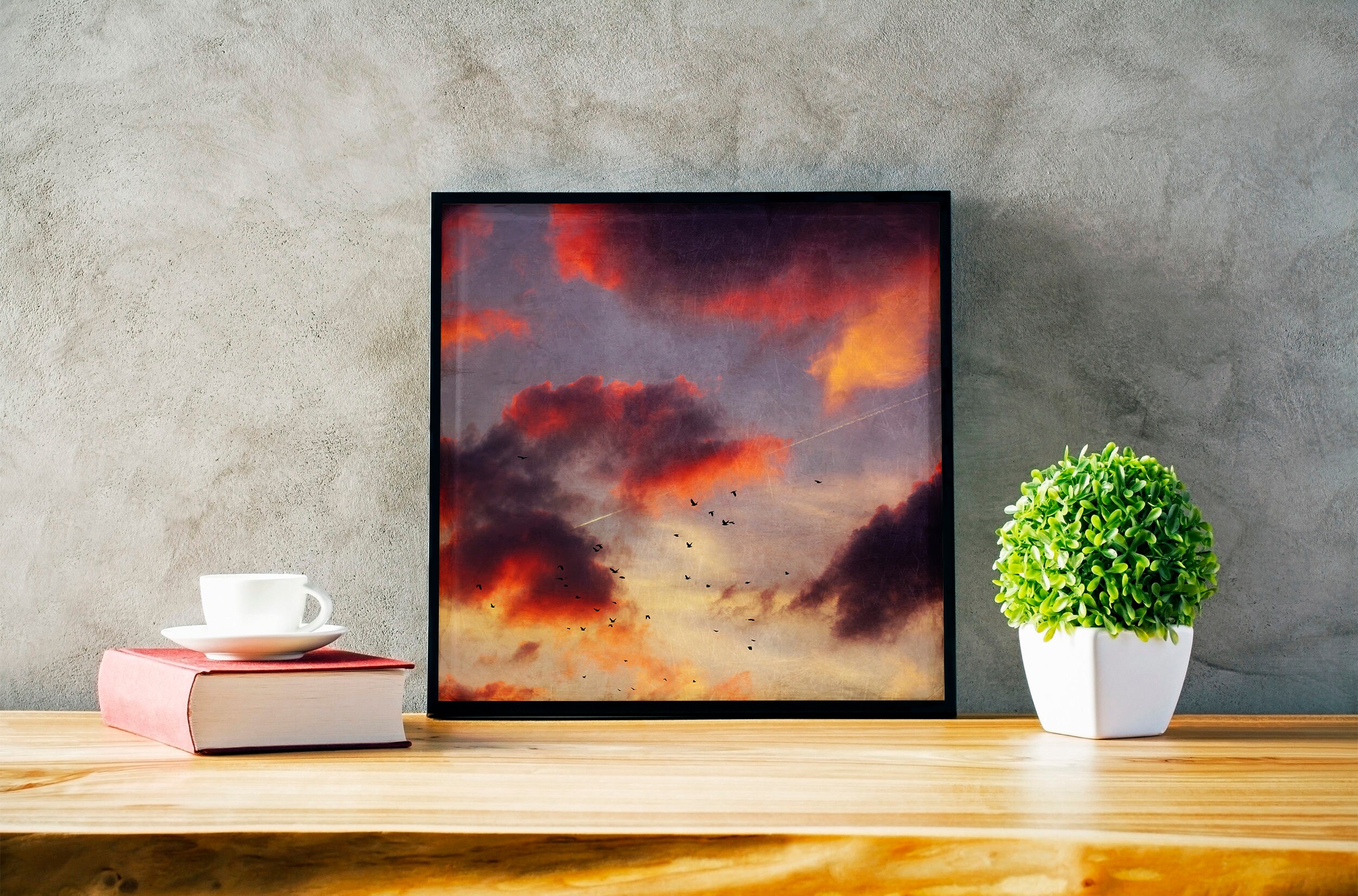 Colourful Sunset Clouds and Flock of Birds Printable Abstract Sky Art ...