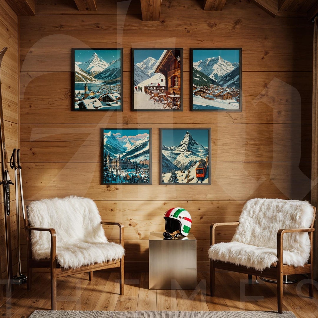 Vintage Ski Resort Wall Art - Set of 5 Posters | Snowy Mountains ...