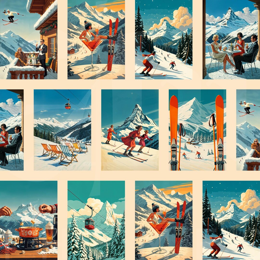 Vintage Ski Resort Wall Art - Mega Bundle - 9 Posters | Alps Skiing ...