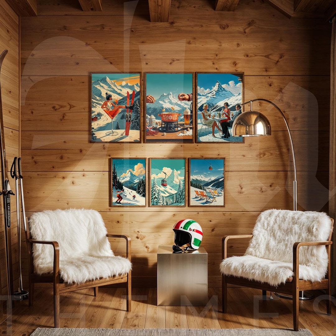 Vintage Ski Resort Wall Art Set of 6 Posters Alps Skiing & Snowy ...