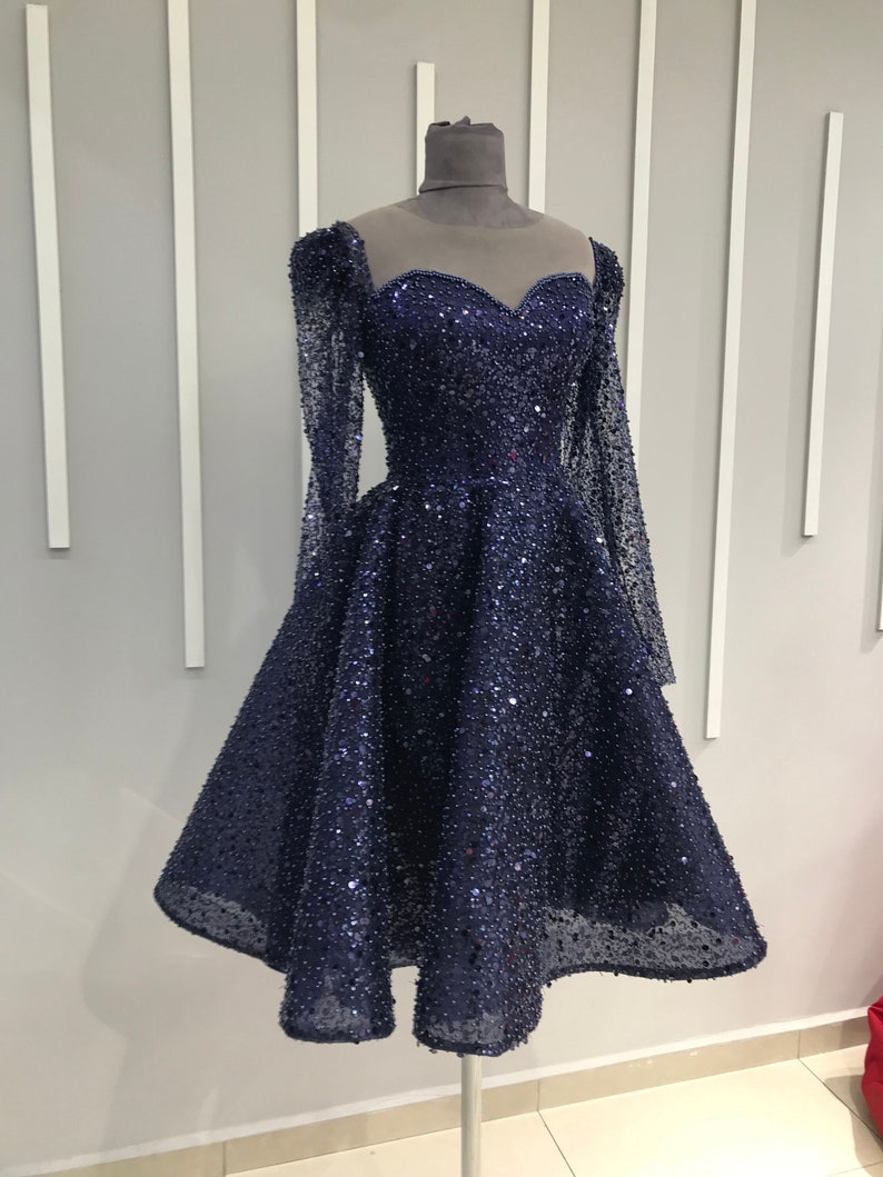 Dark Blue Custom Evening Dress Dark Blue Handcrafted Engagement Dresses ...